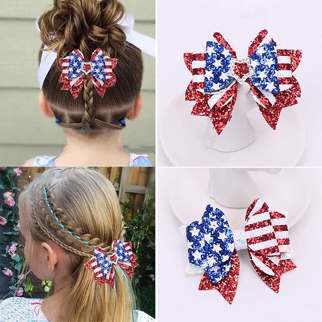 2 Pcs 4th of July Patriotic Hair Bows Alligator Clip Girls Glitter ...