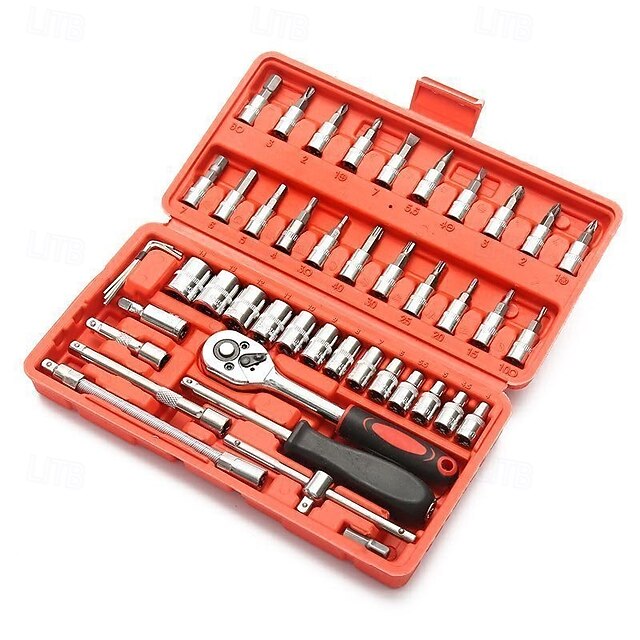 46 Pieces 1/4 inch Drive Socket Ratchet Wrench Set, with Bit Socket Set Metric and Extension Bar ...