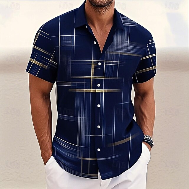 Men's Geometric Grid / Plaid Shirt Button Up Shirt Short Sleeve Fashion ...