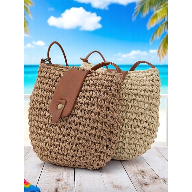 Women's Woven Straw Crossbody Bag with Leather Strap - Chic Boho-Style ...