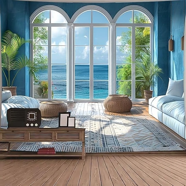 Fake Window Ocean View Hanging Tapestry Wall Art Large Tapestry Mural ...