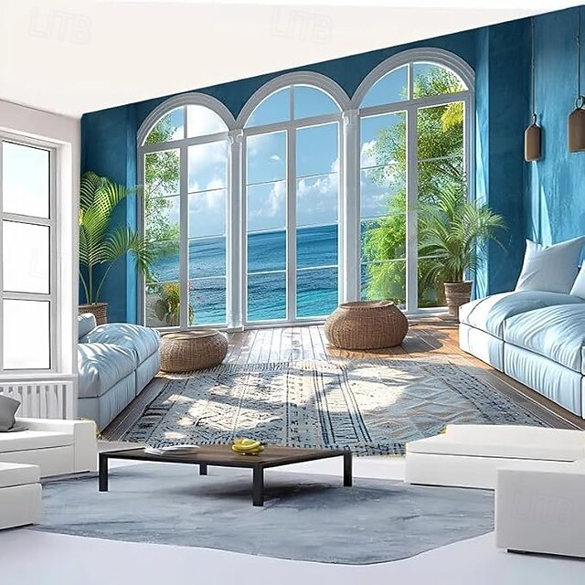 Fake Window Ocean View Hanging Tapestry Wall Art Large Tapestry Mural ...