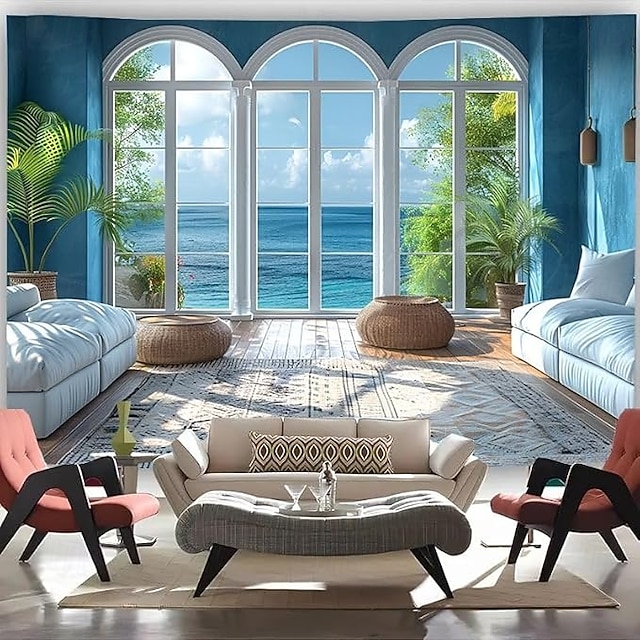 Fake Window Ocean View Hanging Tapestry Wall Art Large Tapestry Mural ...