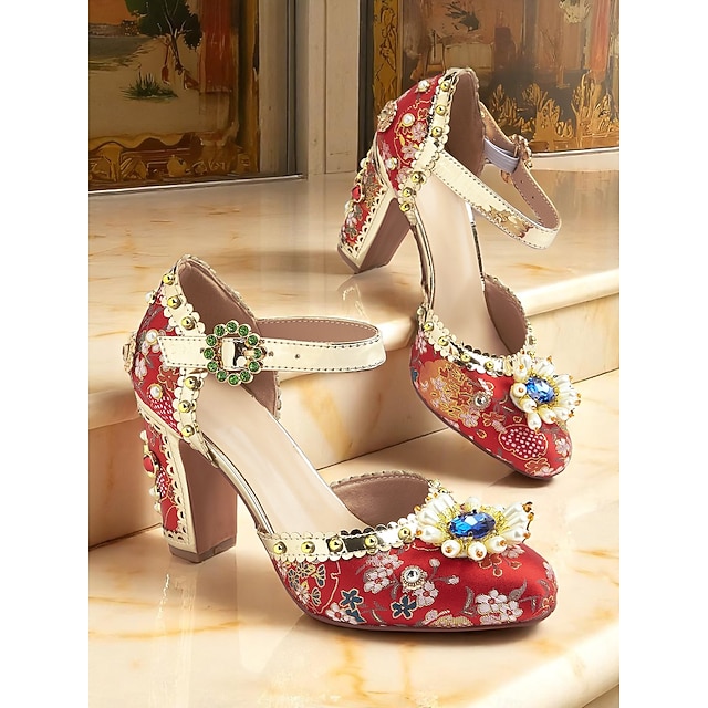 Women's Red Floral Embroidered Heels with Pearl and Gemstone Accents ...
