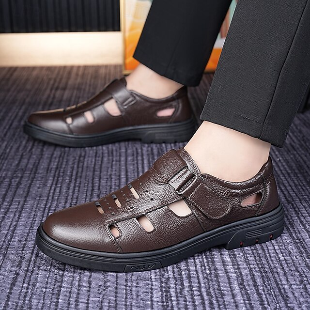 Men's Dark Brown Faux Leather Fisherman Sandals Adjustable Velcro Strap ...