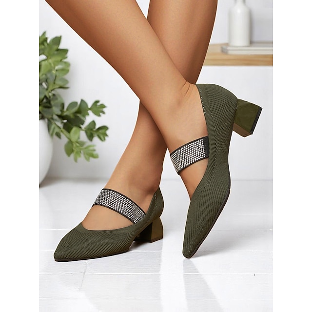 Women's Army Green Knit Block Heel Pumps with Rhinestone Elastic Strap ...