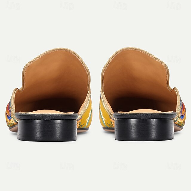 Men's Yellow Premium Cowhide Mules with Vibrant Floral Embroidery and ...
