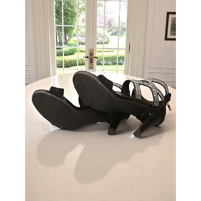 Women's Black Strappy Rhinestone High Heel Sandals, Open-Toe Stiletto ...