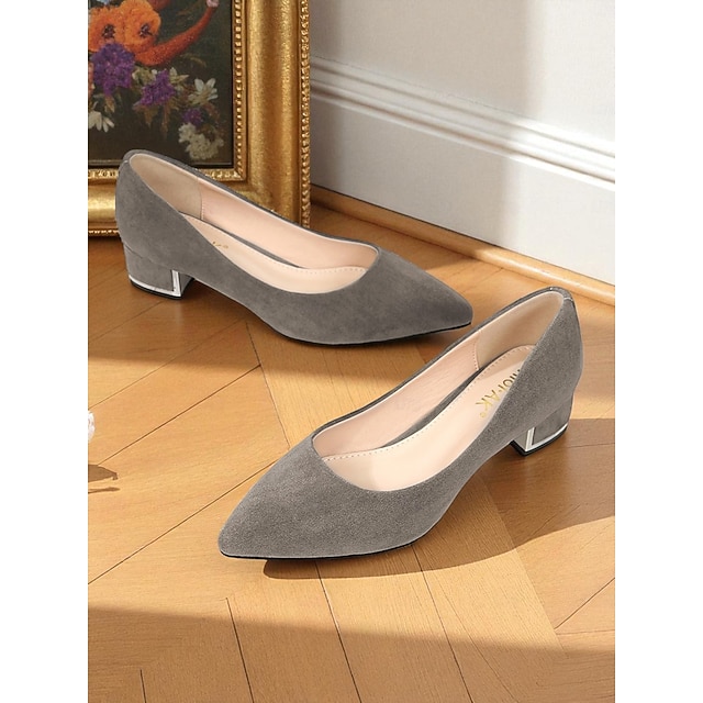 Women's Gray Faux Suede Block Heel Pumps with Pointed Toe, Low Heels ...