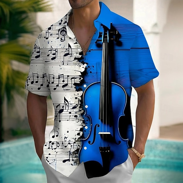 Men's Guitar Musical Notes Shirt Summer Shirt Button Up Shirt Short ...
