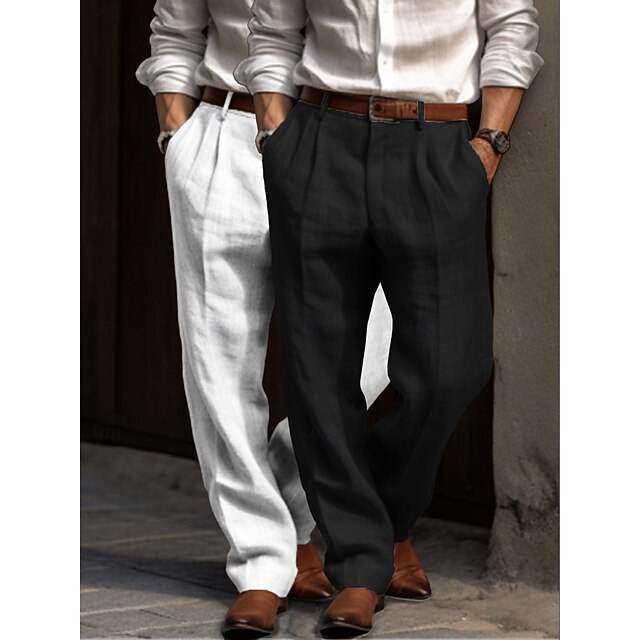 Men's Linen Pants Trousers Dress Pants Summer Pants Pleated Pants Front ...