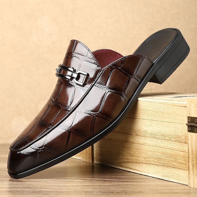 Men's Brown Glossy Slip-On Loafers – Crocodile Embossed Pattern with ...
