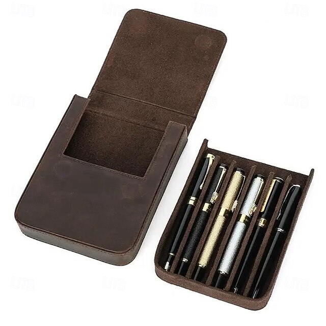 Vintage Genuine Leather Pen Box Case With 6 Slots Removable Pen Tray ...