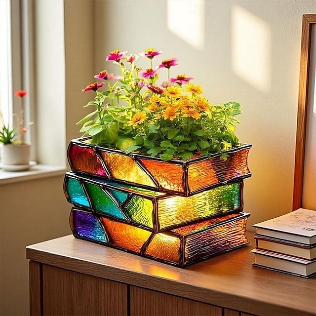 Stacked Book Flower Pot 3/4 Layer Bookshelf Planter Resin Book Shaped ...