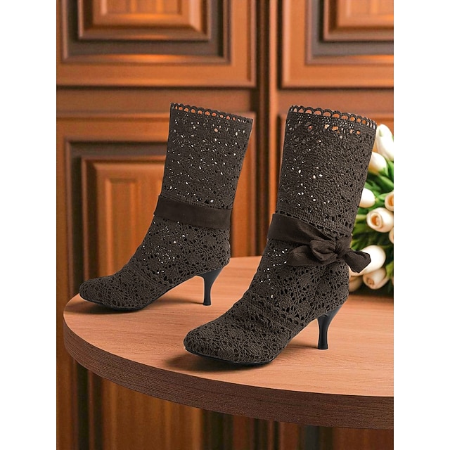 Women's Brown Crochet Lace Mid-Calf Boots with Kitten Heels and Bows ...