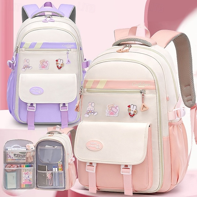 Girls' Large Capacity School Backpack with Cute Pins, Multi-Compartment ...