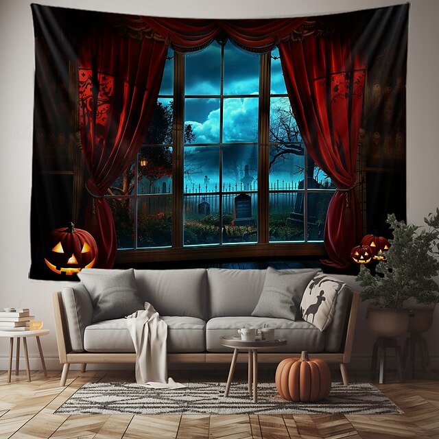 Gothic Window View Wall Tapestry – Red Curtain Stage with Spooky ...