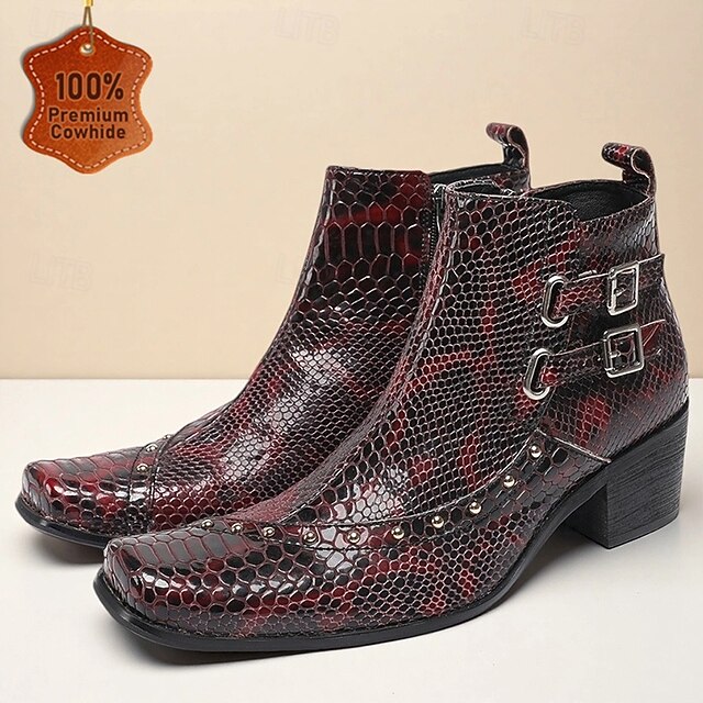 Men's Red Snake Pattern Ankle Boots in Premium Cowhide Gothic Rock ...