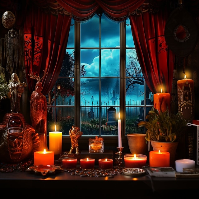 Gothic Window View Wall Tapestry – Red Curtain Stage with Spooky ...