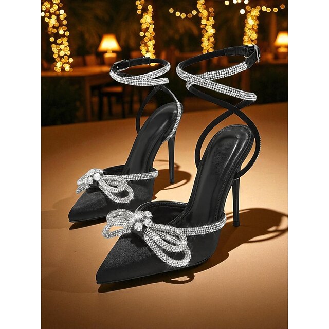 Women's Black Satin Stiletto Heels with Rhinestone Bow and Ankle Strap ...