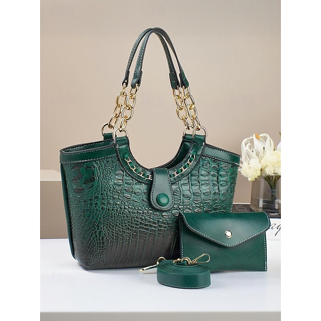 Women's 2-Piece Faux Leather Crocodile Tote Bag Set – Stylish Shoulder Handbag with Chain Detail ...