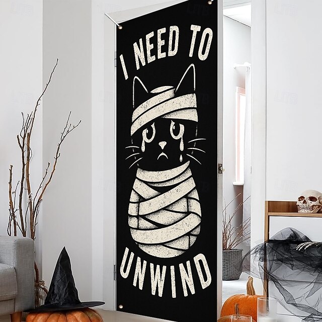 Halloween Door Cover – Funny Mummy Cat "I Need to Unwind" Design ...