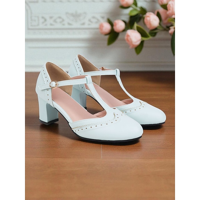 Women's Pink T-Strap Heels - Retro Mid Heel Pumps with Brogue Details ...