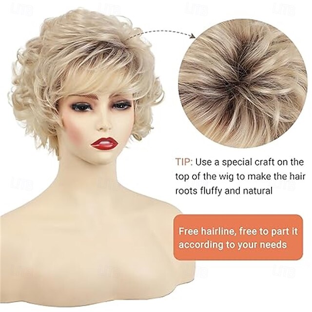 Short Blonde Curly Wigs for White Women Layered Ombre Blonde Pixie Cut ...