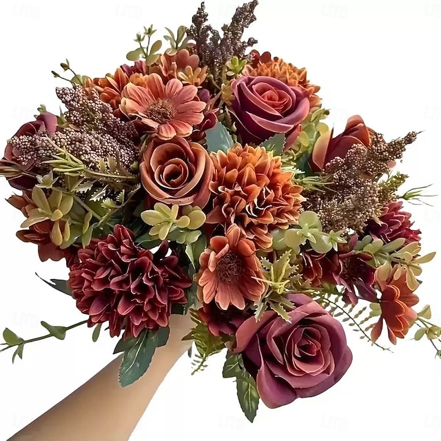 2 Bundles Fall Hydrangea Bouquet, Faux Peony, Rose, Daisy & Dried Flowers Handheld Floral ...