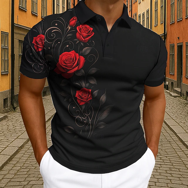 Valentine's Day Men's Rose Polo Short Sleeve Polo Shirts Collared ...