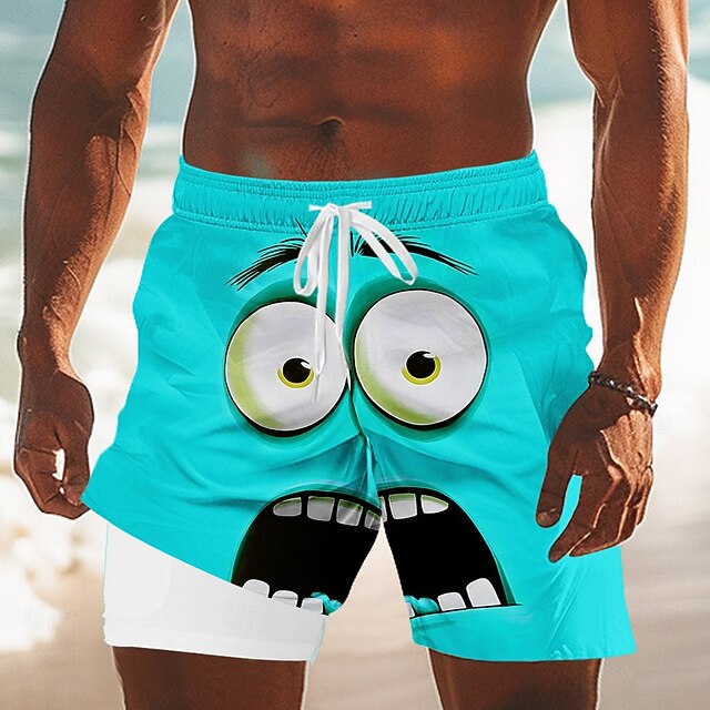 Men's 3D Cartoon Funny Smile Face Lined Shorts 2 in 1 Board Shorts Swim ...