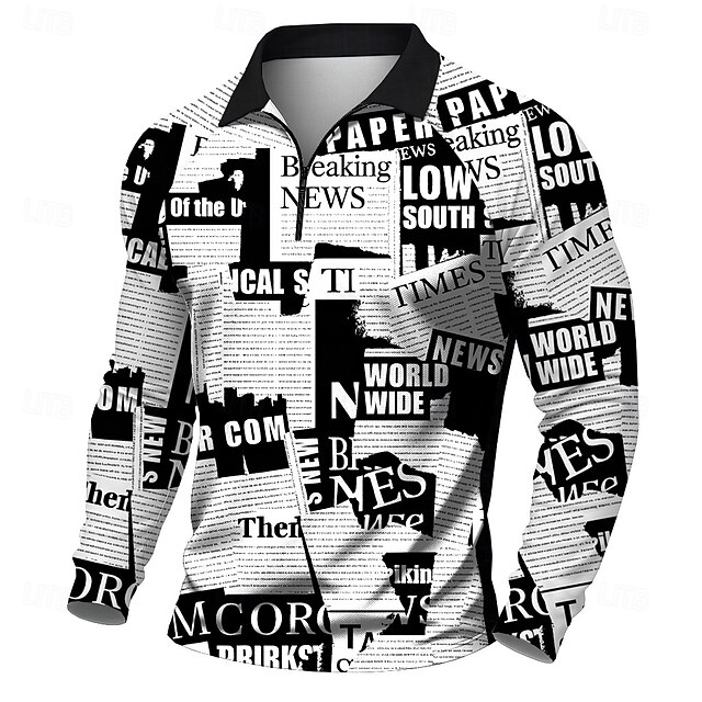 Men's Newspaper Polo Long Sleeve Polo Shirts Casual Outdoor Street ...