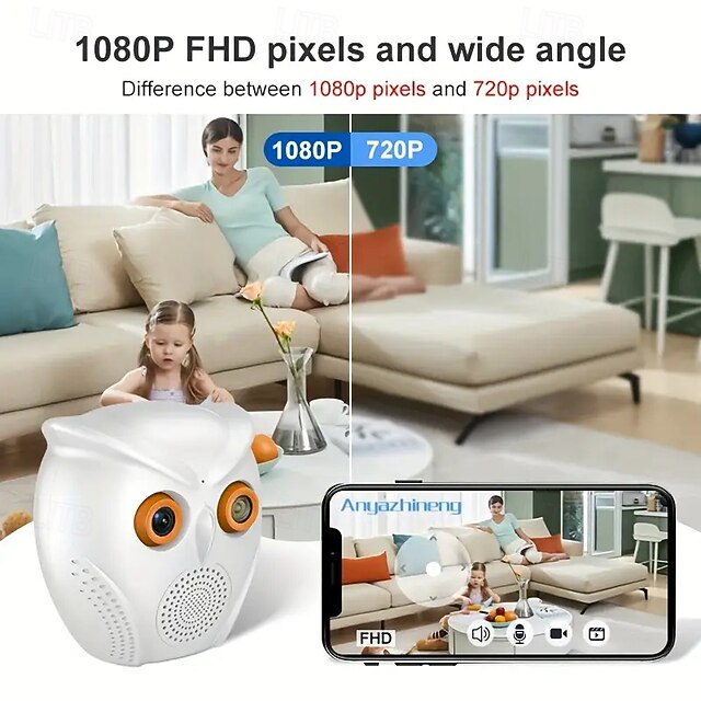 1080p Hd Owl-shaped Indoor Security Camera 120 Wide Angle Two-way ...