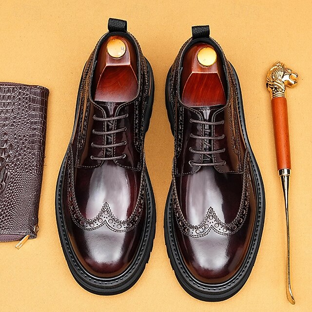 Men's Genuine Leather Wingtip Brogue Dress Shoes Lace-Up Classic Brown ...