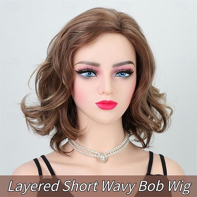 Brown Mix Blonde Short Wavy Bob Wigs for White Women Layered Casual Bob ...