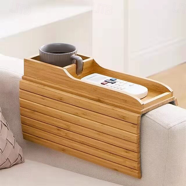 Stylish Bamboo Sofa Armrest Tray with Cup Holder - Anti-Fall Design ...