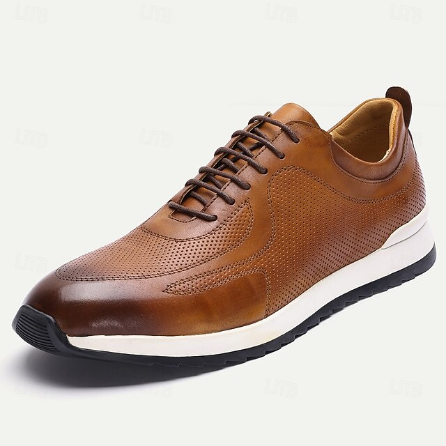 Men's Brown Leather Casual Sneakers – Lightweight Lace-Up Sport Shoes ...