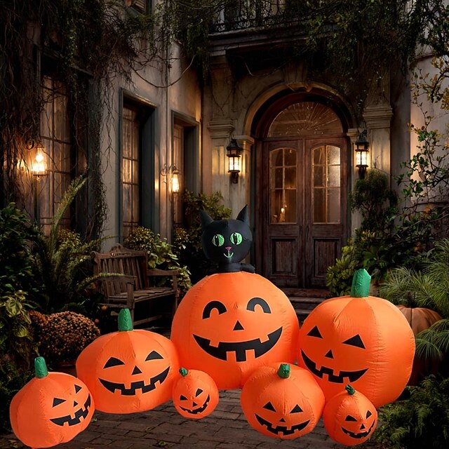 1 Pc Halloween 2.3-meter Seven Pumpkin Black Cat Inflatable Air Model ...