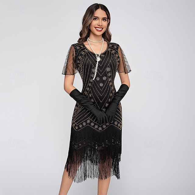 Retro Vintage Roaring 20s 1920s Knee Length Flapper Dress Short Sleeves ...
