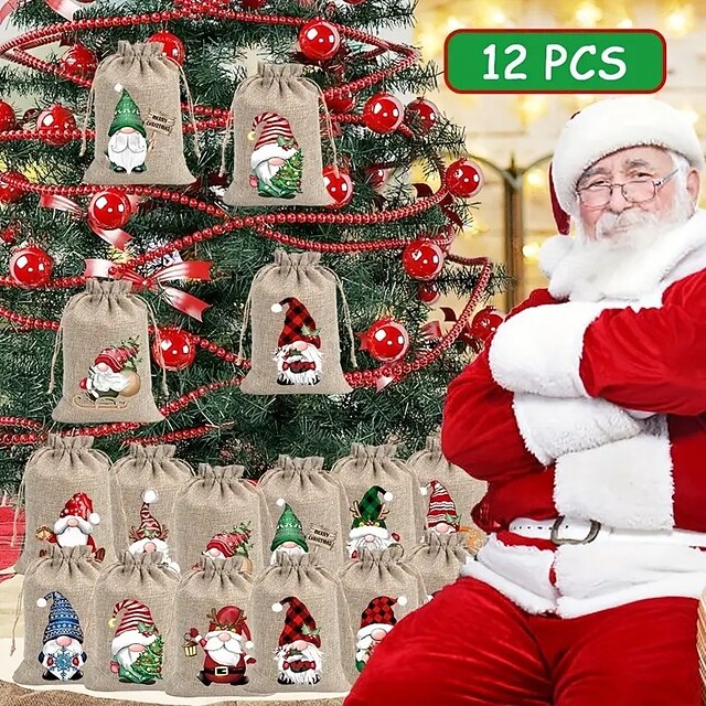 12pcs Christmas Burlap Gift Bags Set with Random Holiday Designs, Small ...