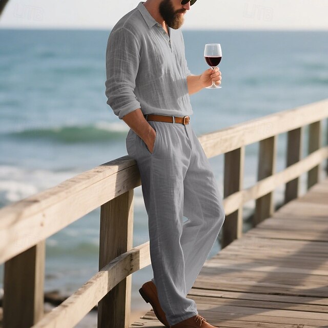 Men's Linen Set T-shirt Suits Shirt and Pant Sets 2 Pieces Outfits Long ...