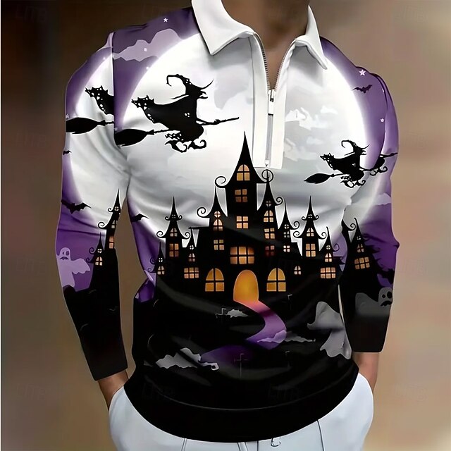 Halloween Men's Witch Castle Polo Long Sleeve Turndown Vintage Style ...