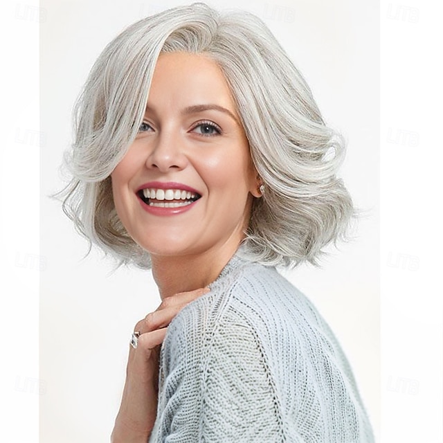 Women's Short Wavy Silver-Grey Bob Wig – Heat-Resistant Synthetic Hair ...