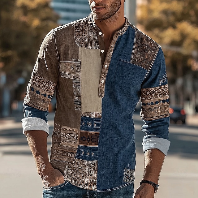 Men's Geometric Color Block Patchwork Shirt Henley Shirt Stand Collar ...