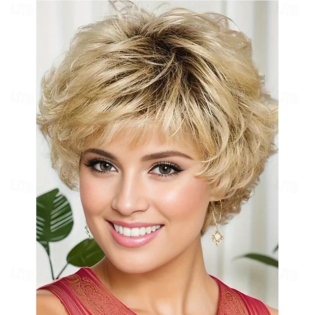 Short Blonde Curly Wigs for White Women Layered Ombre Blonde Pixie Cut ...