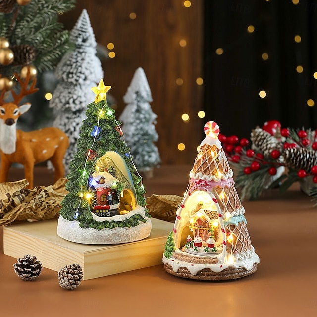 Resin Music Cottage Rotating Train LED Music Box Night Light Festive ...