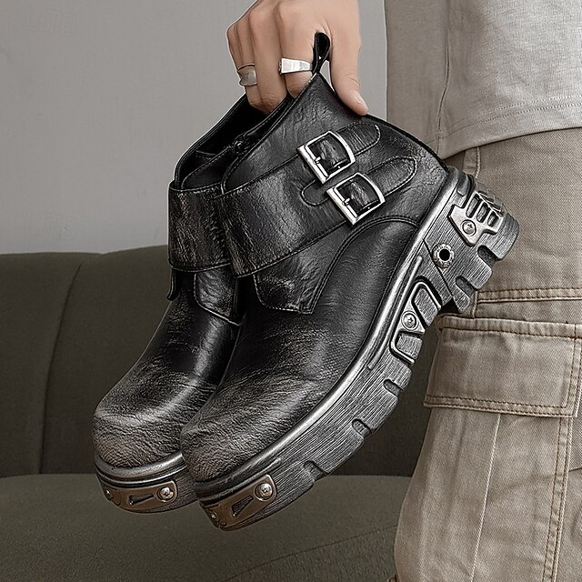 Men's Black Gothic Platform Boots Heavy Duty Buckle Strap Biker Boots ...