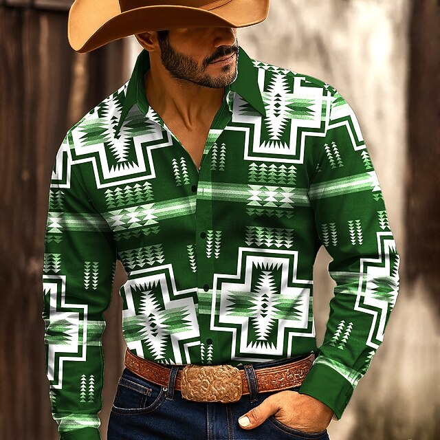 Men's Aztec Geometric Pattern Ethnic Shirt Western Shirt Button Up ...