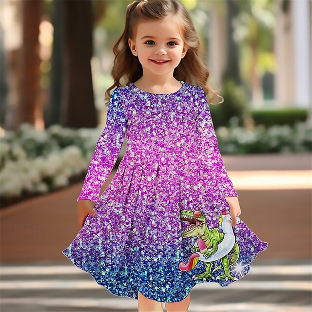 Girls' 3D Dinosaur Dress Long Sleeve Summer Spring Vacation Daily ...