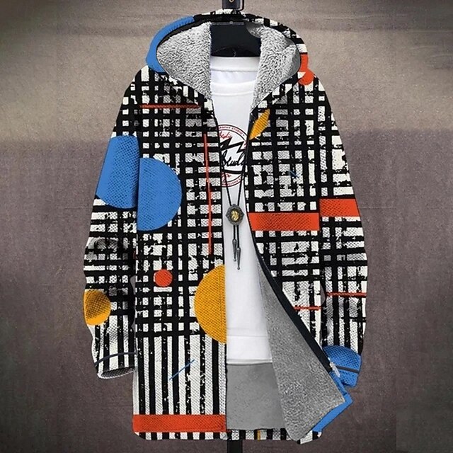 Men Geometric Pattern Winter Coat Fleece Jacket Coat Thermal Warm ...